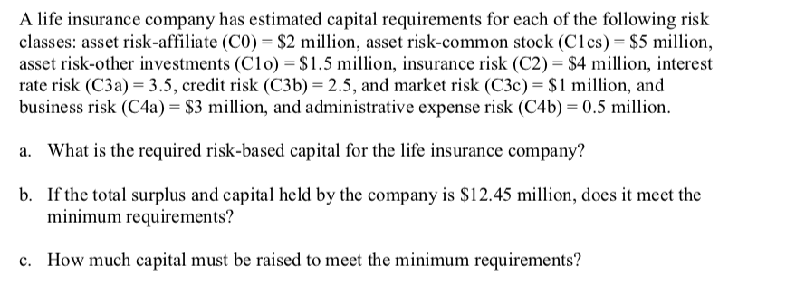 Solved A life insurance company has estimated capital | Chegg.com