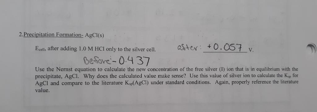 Solved 2.Precipitation Formation- AgCl(s) Ecell, after | Chegg.com