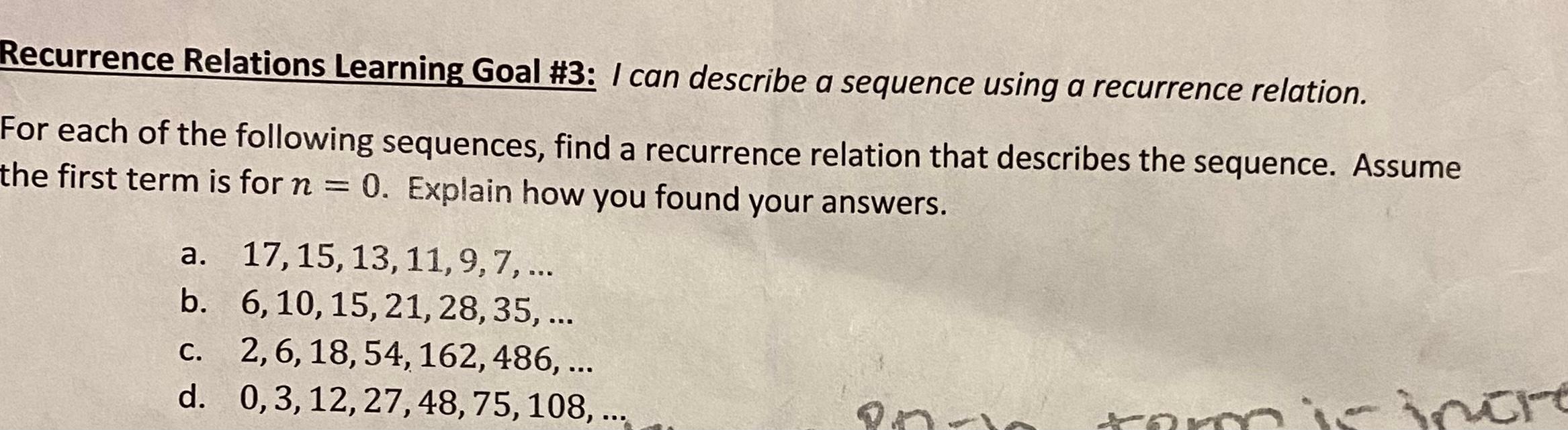 Solved Recurrence Relations Learning Goal \#3: I can | Chegg.com