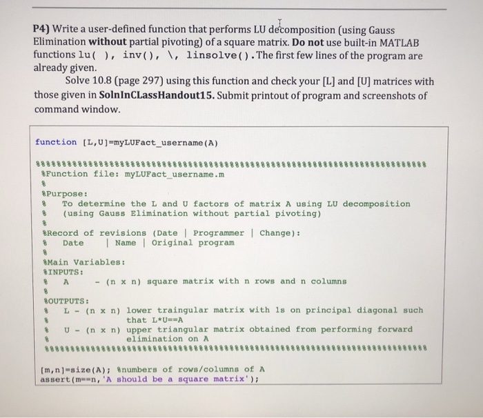 Solved P4) Write a user-defined function that performs LU | Chegg.com