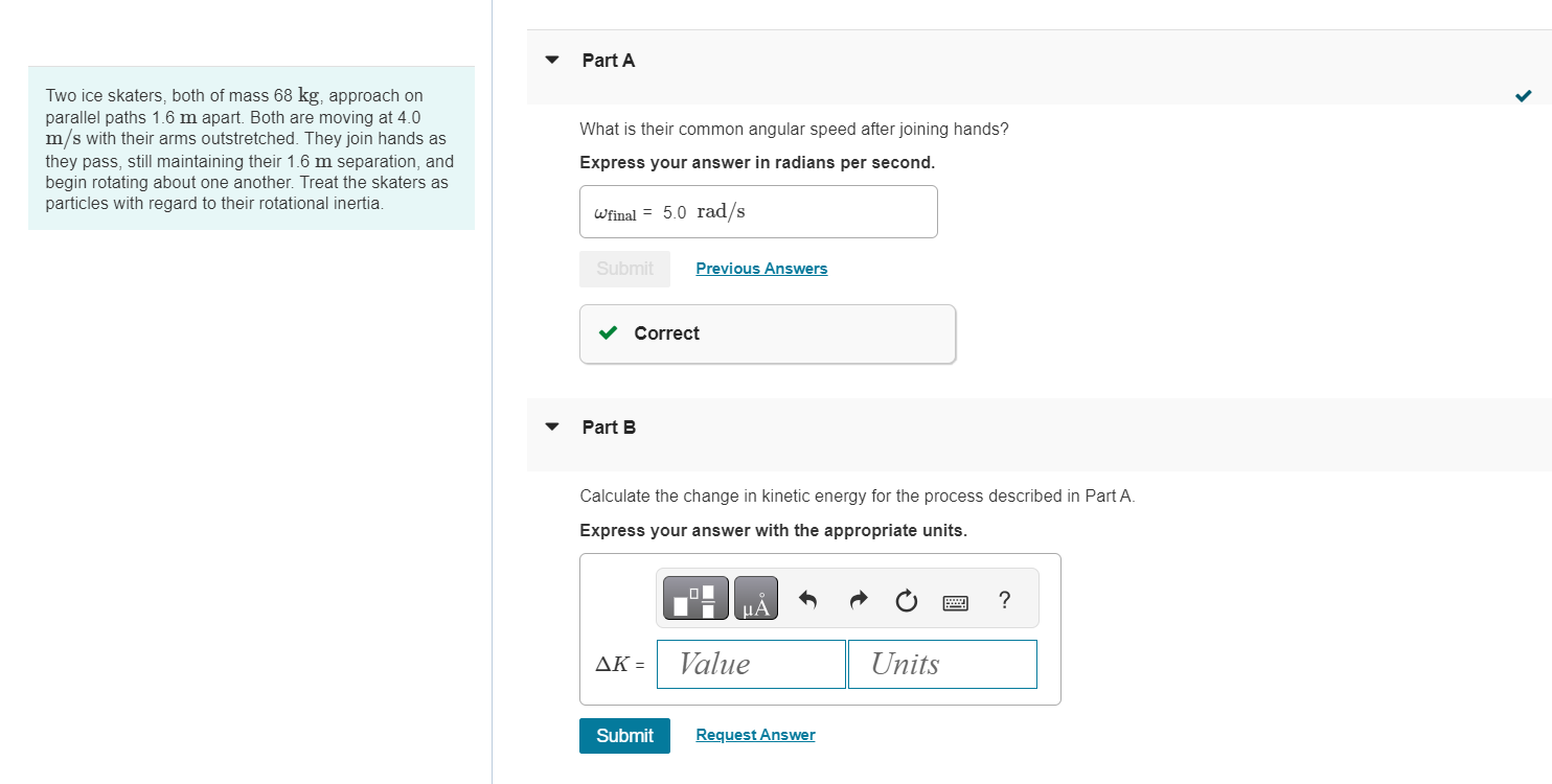 Solved Two ice skaters, both of mass 68 kg, approach on | Chegg.com
