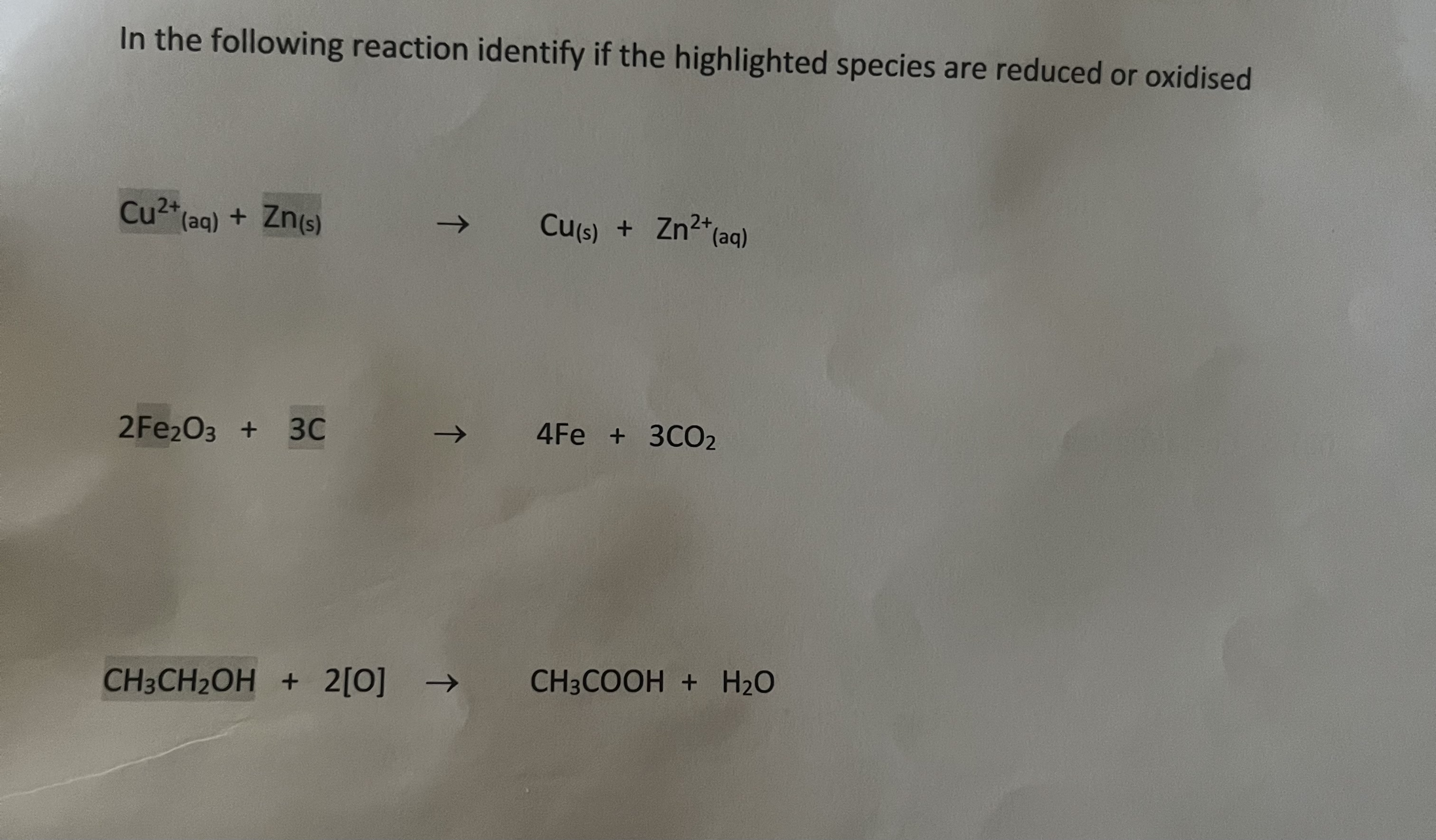 Solved In the following reaction identify if the highlighted | Chegg.com