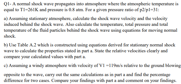 Solved Q1- A normal shock wave propagates into atmosphere | Chegg.com