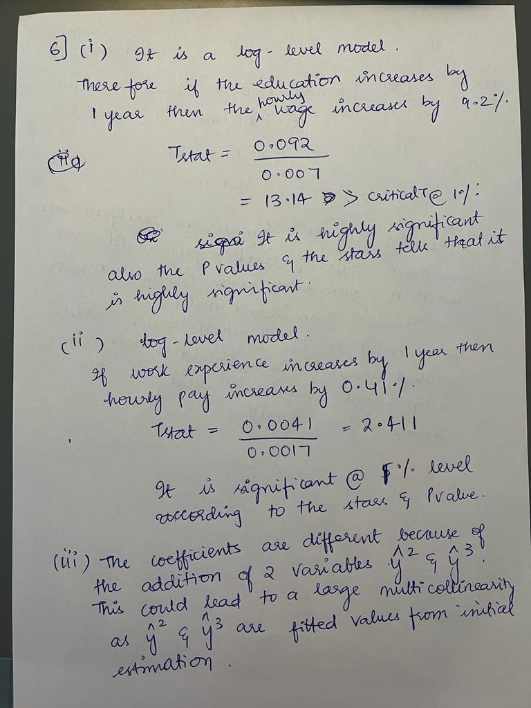 Solved 6] (i) ﻿It is a log-level model.Therefore if the | Chegg.com