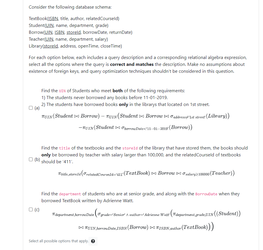 Solved Consider the following database schema: | Chegg.com