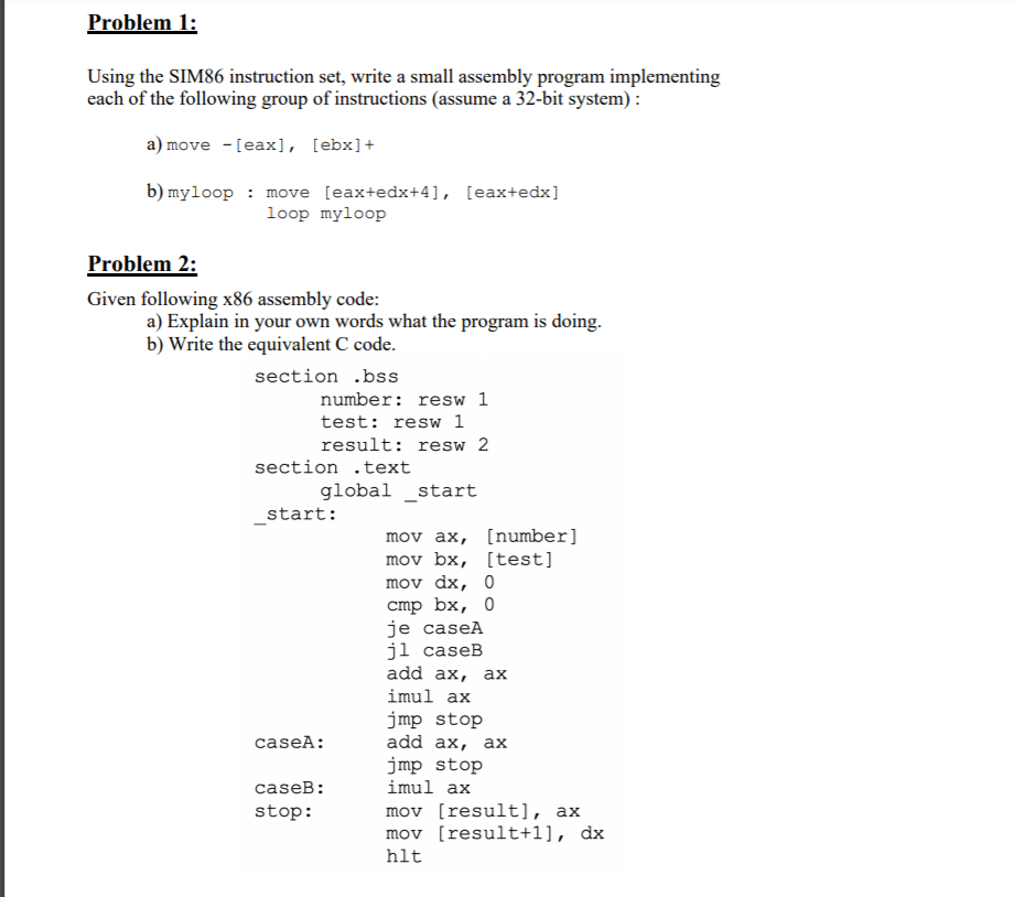 Solved Problem 1: Using the SIM86 instruction set, write a | Chegg.com