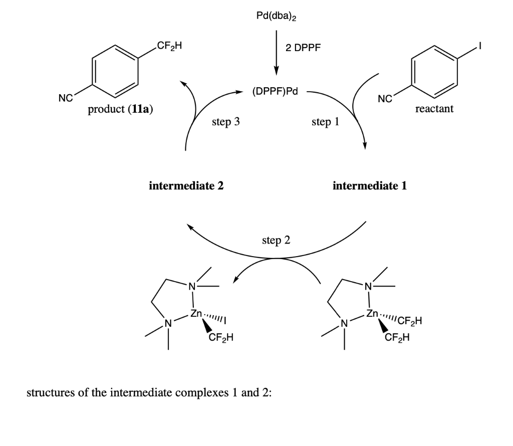 Solved Pd(dba)2 CF2H 2 DPPF (DPPF)Pd NC NC product (11a) | Chegg.com