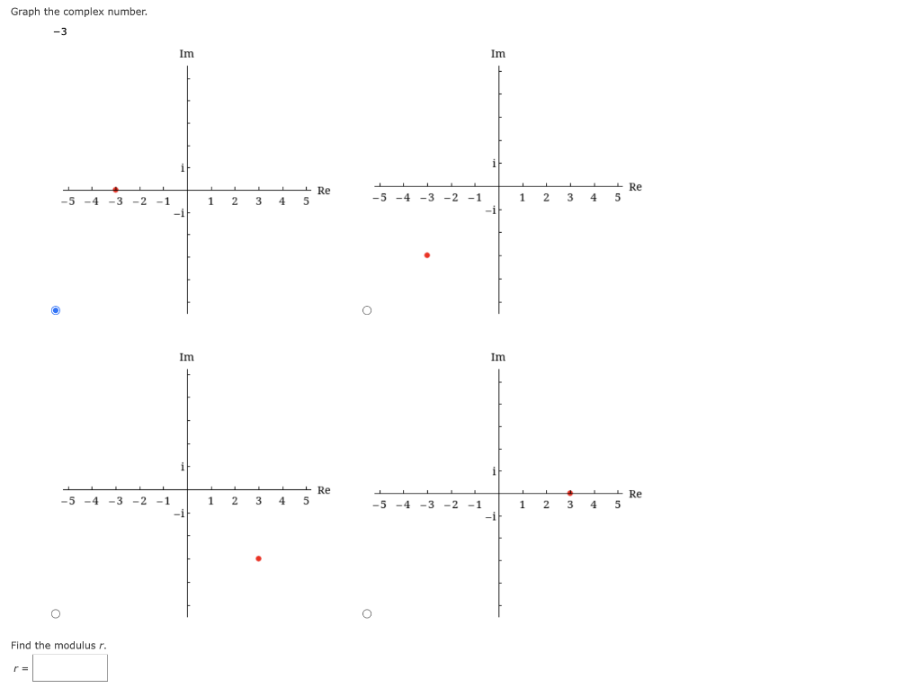 Solved 1). Graph the complex number. −3 2. Find the modulus | Chegg.com