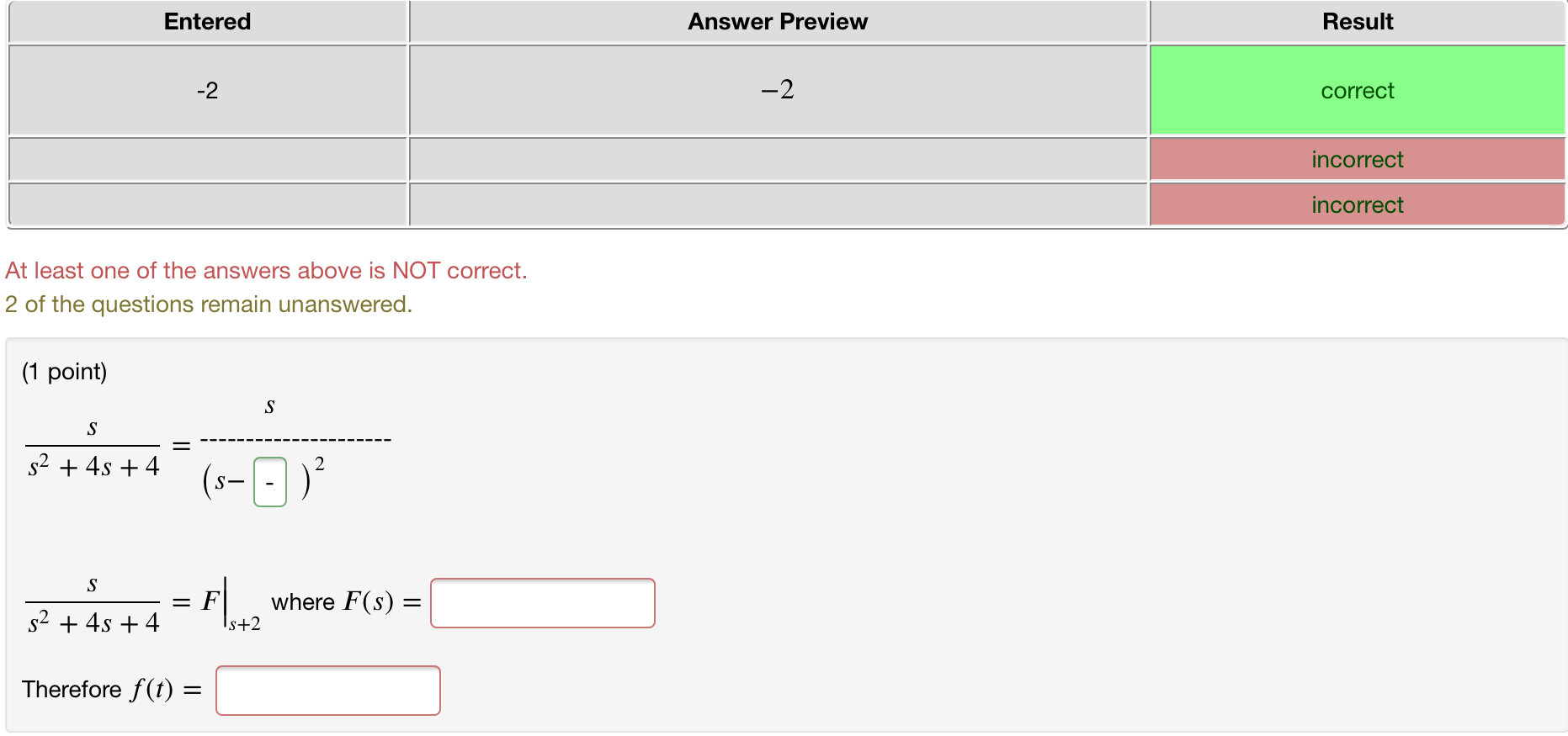 Solved Entered Answer Preview Result -2 -2 correct incorrect | Chegg.com