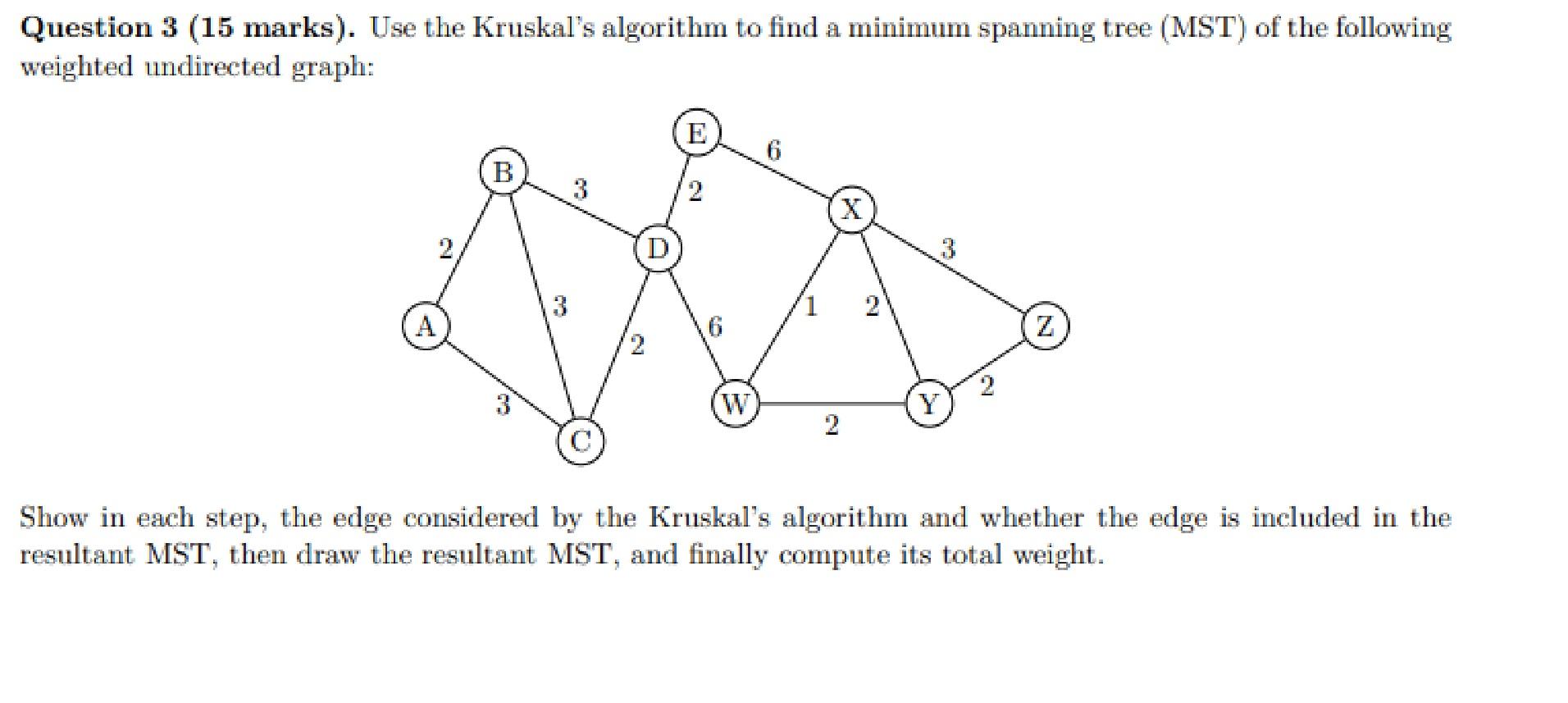 Solved Question 3 (15 marks). Use the Kruskal's algorithm to | Chegg.com