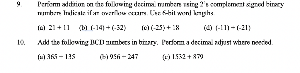 Solved 9. Perform addition on the following decimal numbers | Chegg.com