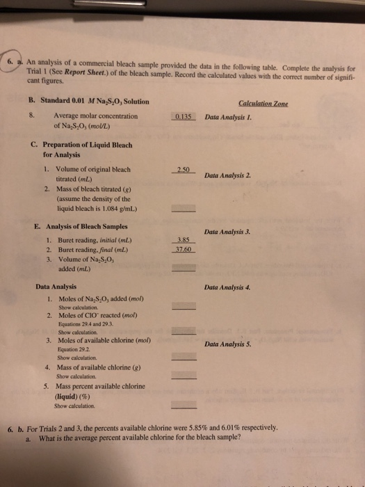 6. . An analysis of a commercial bleach sample | Chegg.com