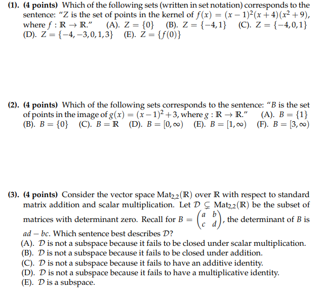 Solved (1). (4 points) Which of the following sets (written | Chegg.com
