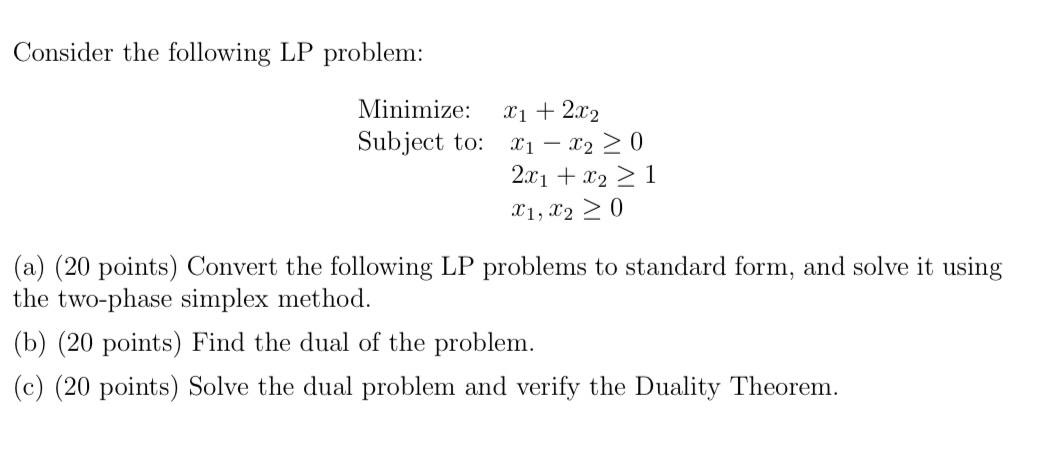 Solved Consider the following LP problem: ﻿Minimize: x1+2x2 | Chegg.com