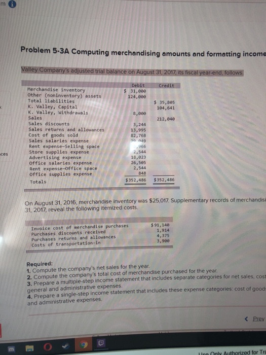Solved roblem 5-3A Computing merchandising amounts and | Chegg.com