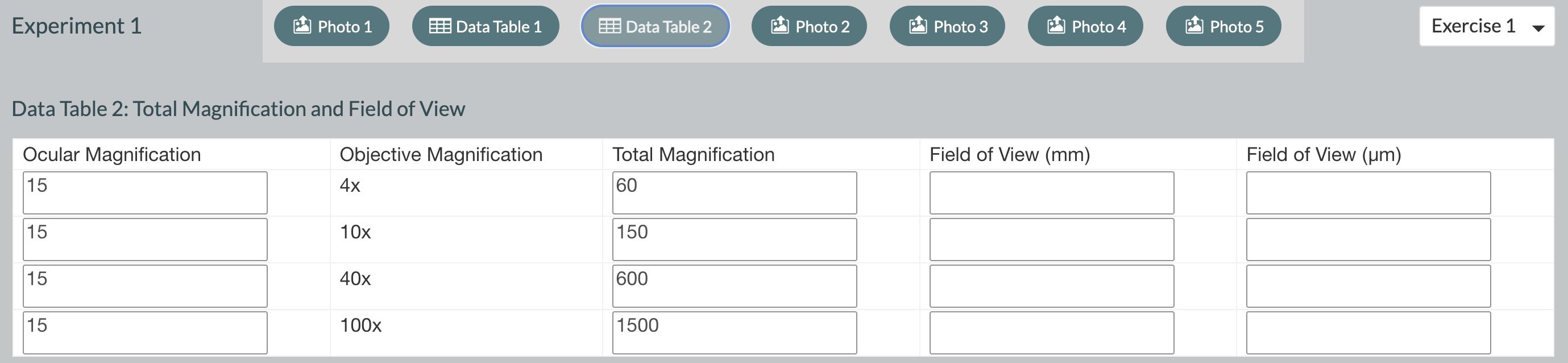 Solved Experiment 1Data Table 2: Total Magnification and | Chegg.com