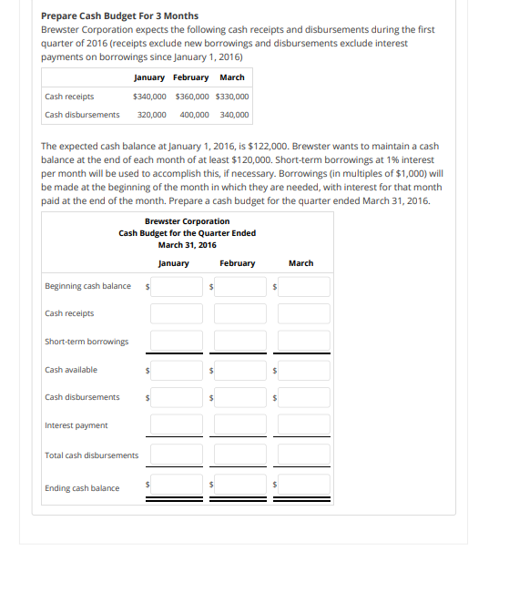 Solved Prepare Cash Budget For 3 Months Brewster Corporation Chegg Solved Prepare Cash Budget For 3 Months Brewster Corporation Chegg