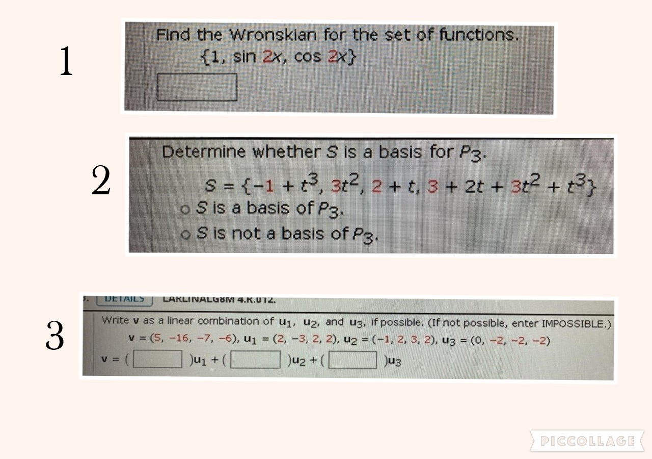 Solved 1 Find the Wronskian for the set of functions. {1, | Chegg.com