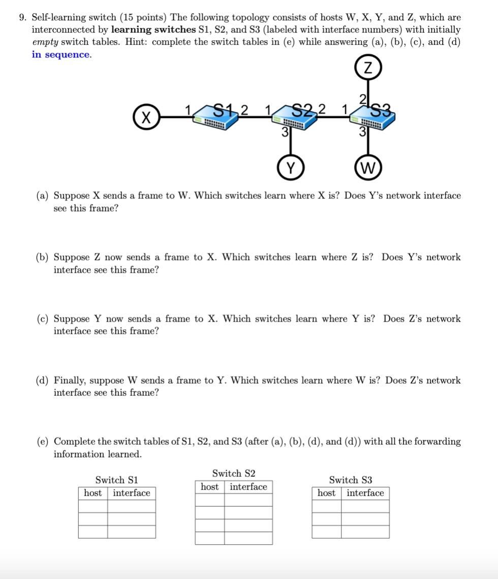 Solved 9. Self-learning switch (15 points) The following | Chegg.com