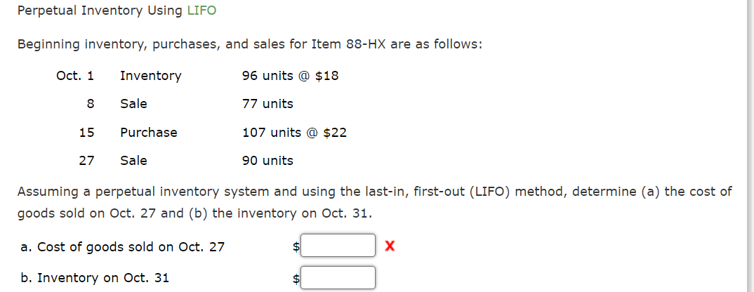 Solved Perpetual Inventory Using LIFO Beginning inventory, | Chegg.com