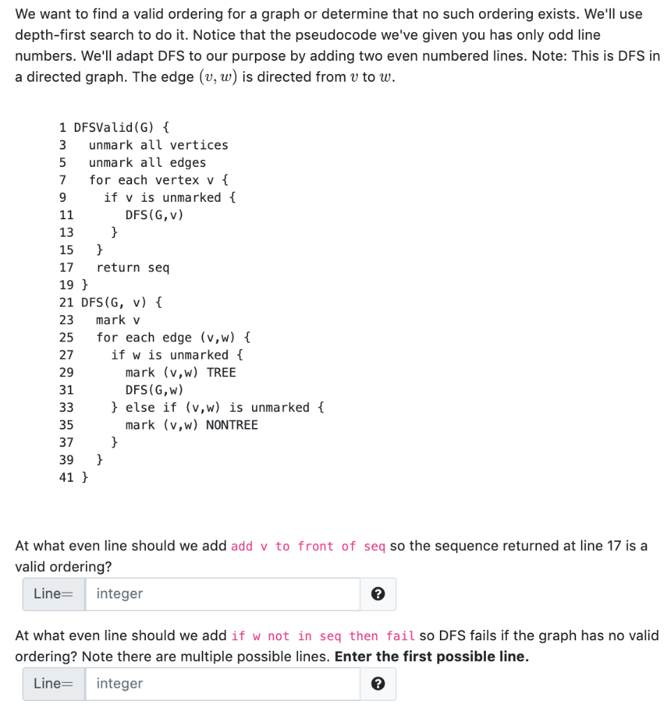 Solved We want to find a valid ordering for a graph or | Chegg.com