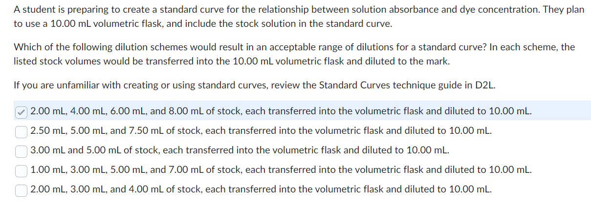 Solved A student is preparing to create a standard curve for | Chegg.com