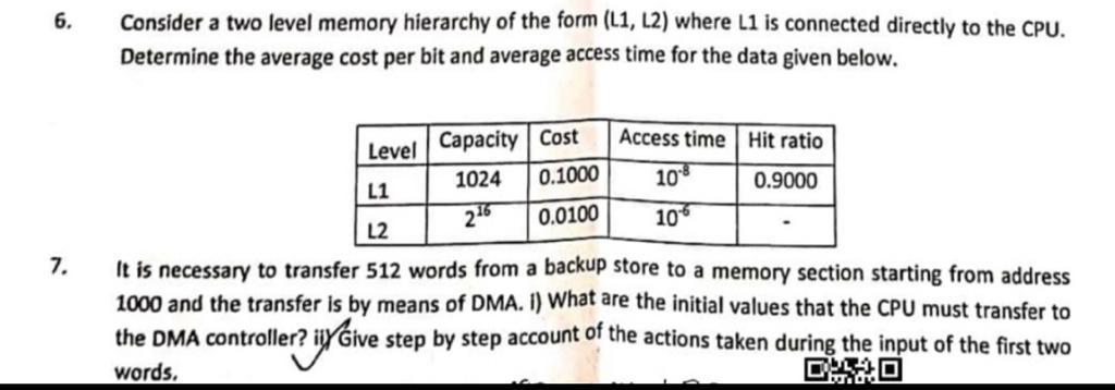 Solved 6. Consider a two level memory hierarchy of the form | Chegg.com Solved 6. Consider a two level memory hierarchy of the form | Chegg.com