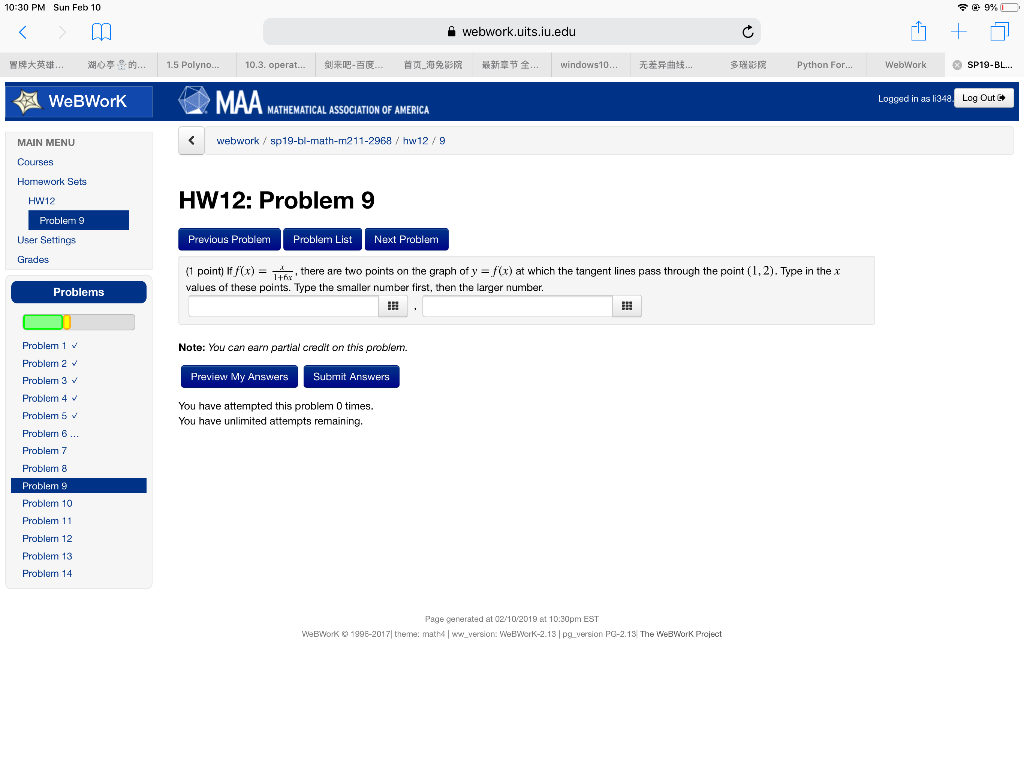 Solved 10:30 PM Sun Feb 10 a webwork.uits.iu.edu 冒牌大英雄 湖心亭愛的 | Chegg.com