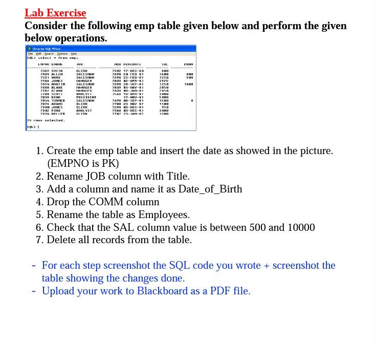 Solved Lab Exercise Consider the following emp table given | Chegg.com