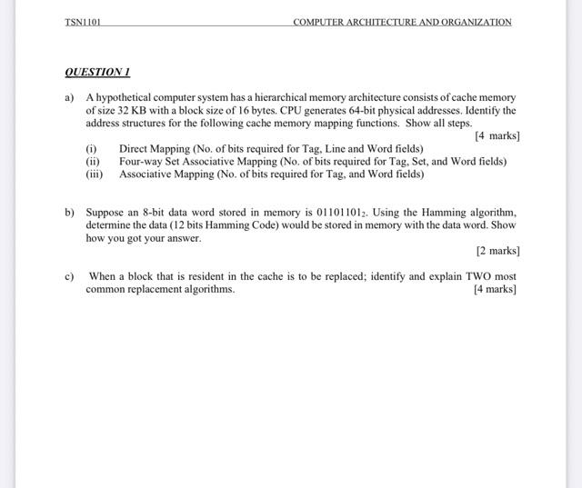 Solved Tsn1101 Computer Architecture And Organization 