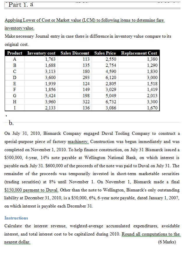 Part 1.a Applying Lower of Cost or Market value (LCM) | Chegg.com