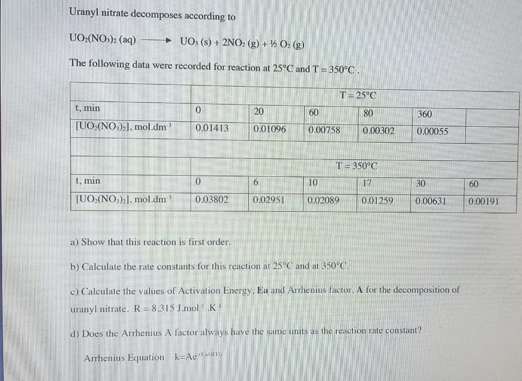 Solved Uranyl nitrate decomposes according to | Chegg.com