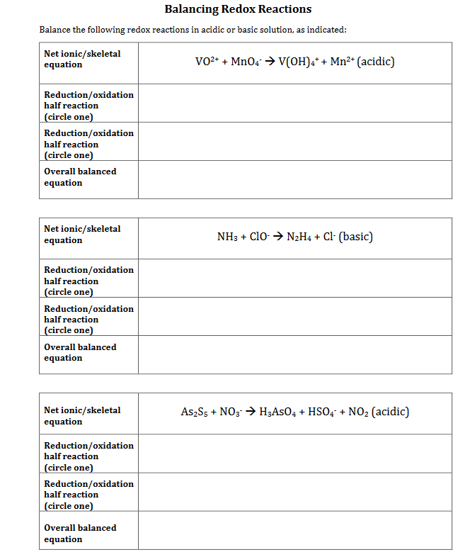 Solved Balancing Redox Reactions Balance the following redox | Chegg.com