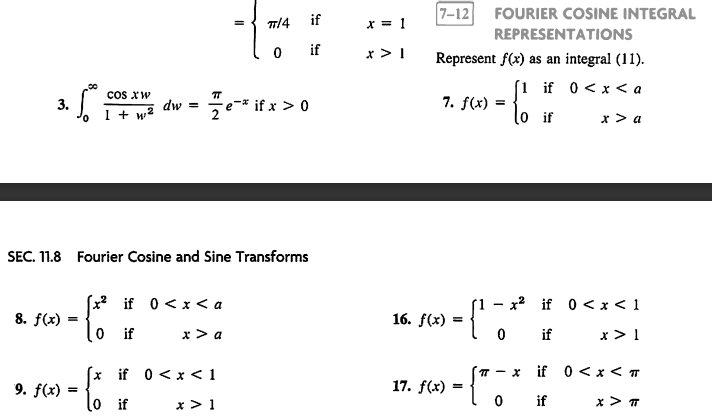 Solved = TT/4 if x = 1 if *>! 7-12 FOURIER COSINE INTEGRAL | Chegg.com