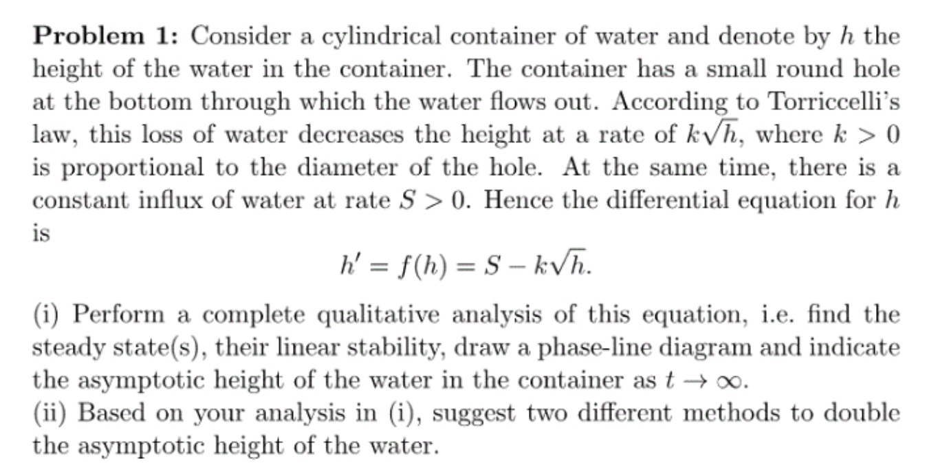 Solved Problem 1: Consider a cylindrical container of water | Chegg.com