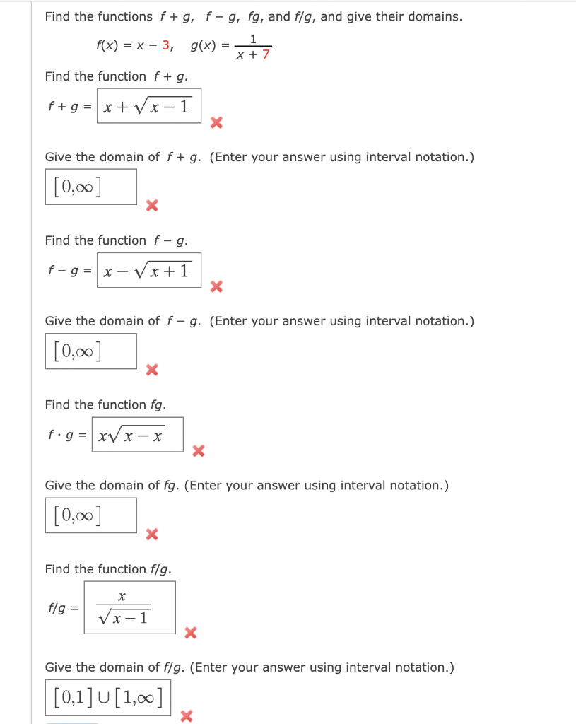 Solved Find the functions f+g,f−g,fg, and f/g, and give | Chegg.com