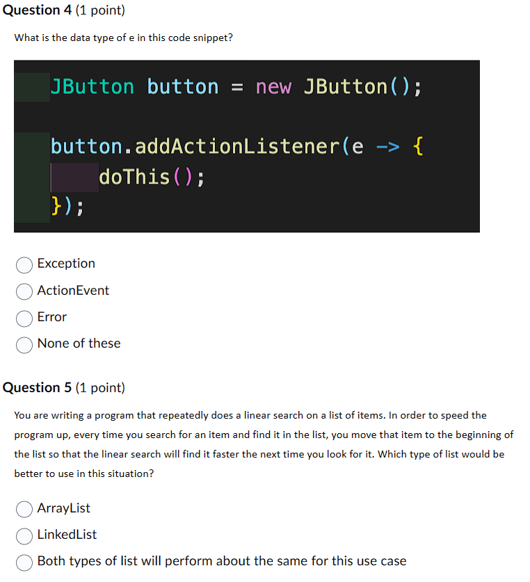 Solved What is the data type of e in this code snippet? | Chegg.com