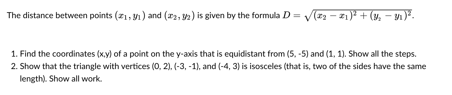 Solved The distance between points (x1,y1) and (x2,y2) is | Chegg.com