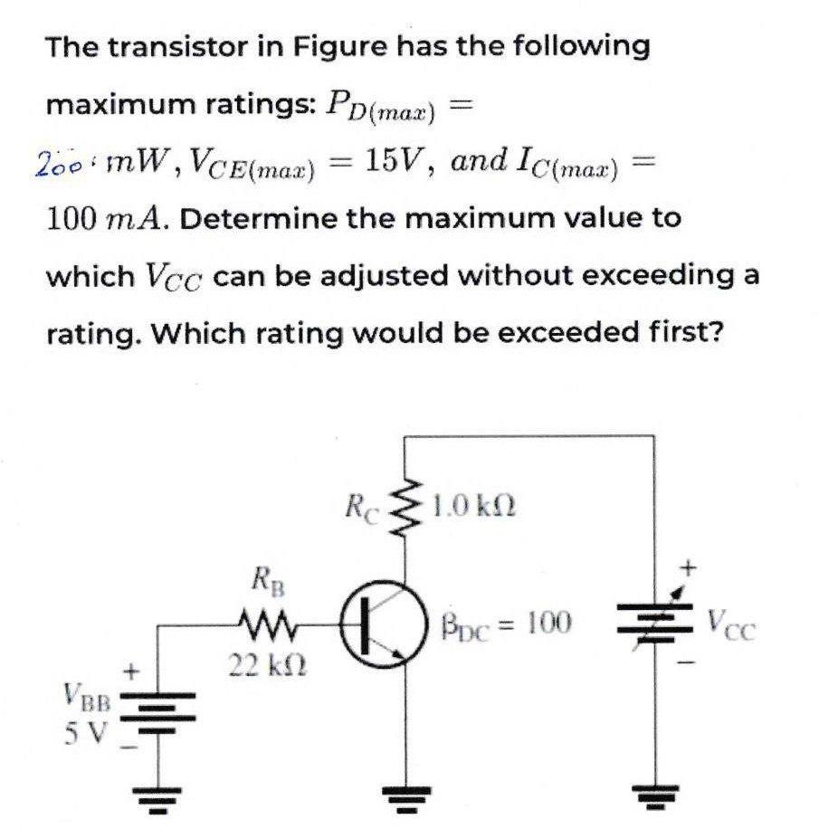 Solved The transistor in Figure has the following maximum | Chegg.com