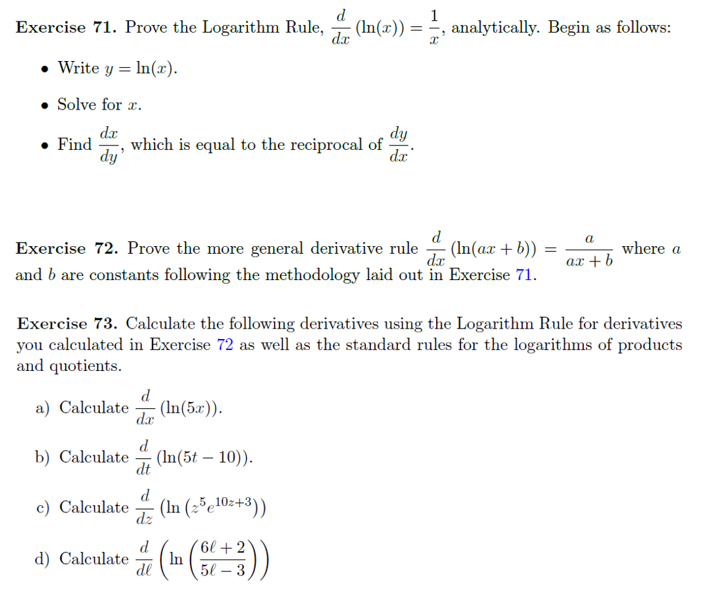 Solved Exercise 71. Prove the Logarithm Rule, d In(a)-, | Chegg.com