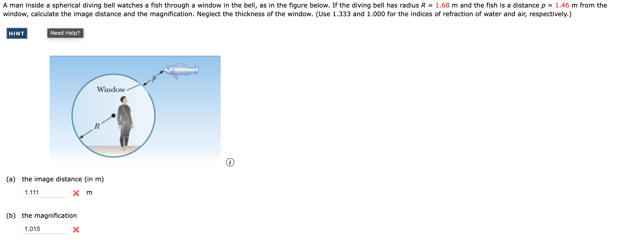 Solved A man inside a spherical diving bell watches a fish | Chegg.com