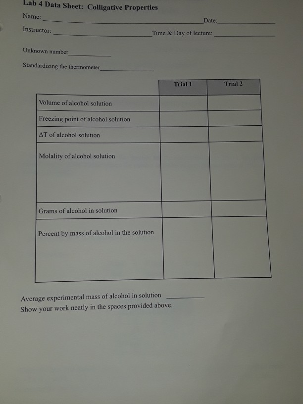 Lab 4 Data Sheet: Colligative Properties Name: | Chegg.com