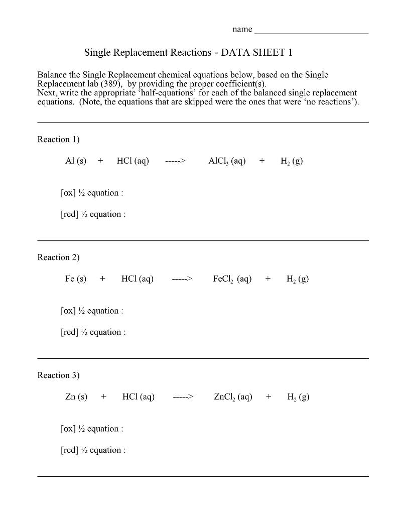 Solved name Single Replacement Reactions - DATA SHEET 1 | Chegg.com