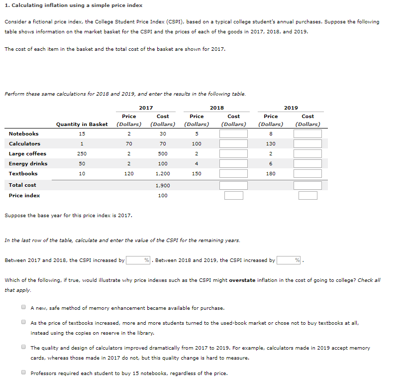 Solved 1. Calculating inflation using a simple price index | Chegg.com
