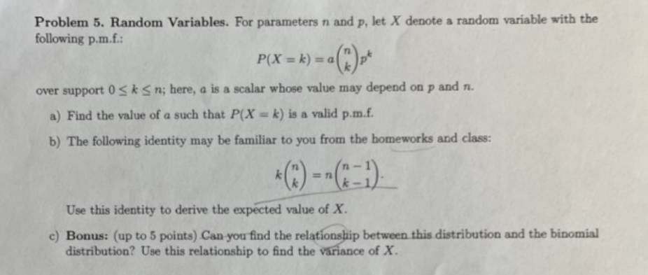 Solved Problem 5. Random Variables. For parameters n and p, | Chegg.com