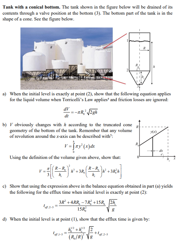Solved Tank with a conical bottom. The tank shown in the | Chegg.com