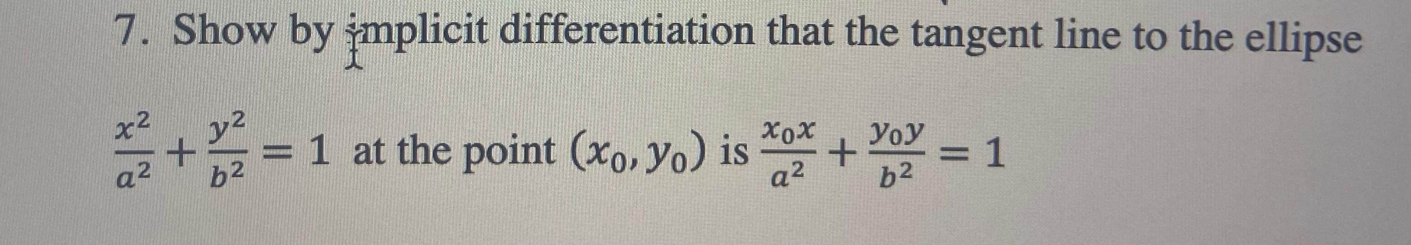 Solved 7. Show by implicit differentiation that the tangent | Chegg.com