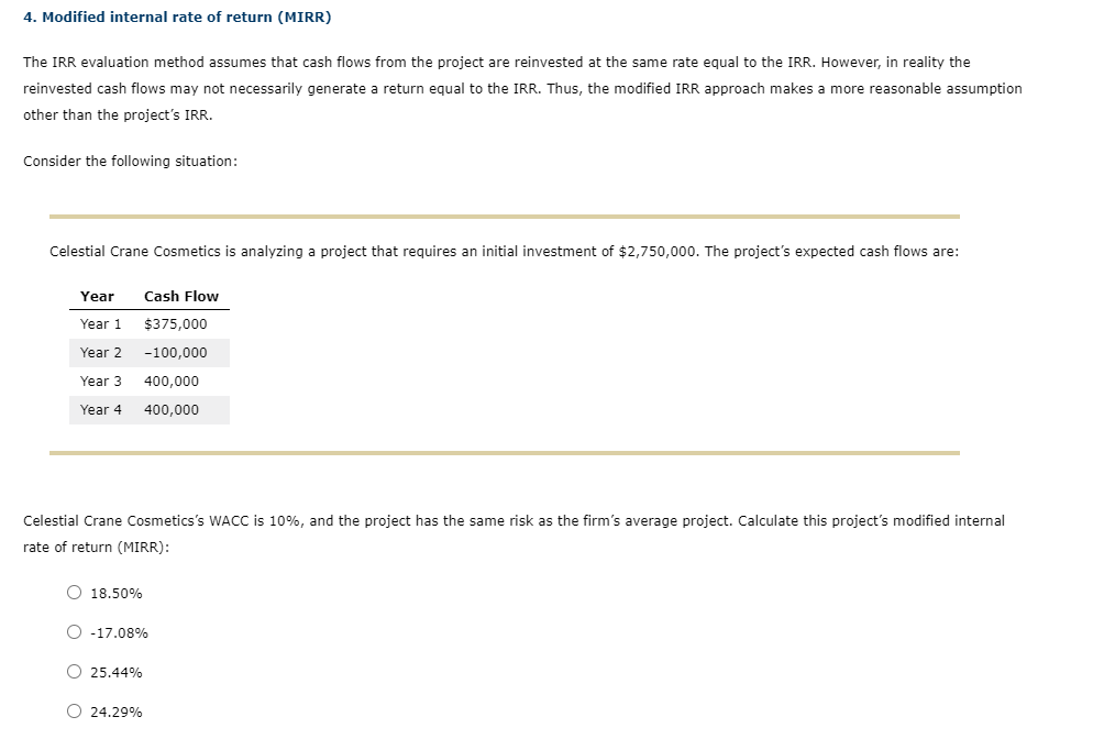 Solved 4. Modified internal rate of return (MIRR) The IRR | Chegg.com