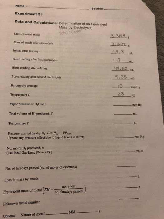Name Section Experiment 31 Data and Calculations: | Chegg.com