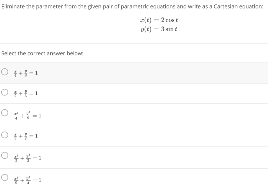 Solved Eliminate the parameter from the given pair of | Chegg.com